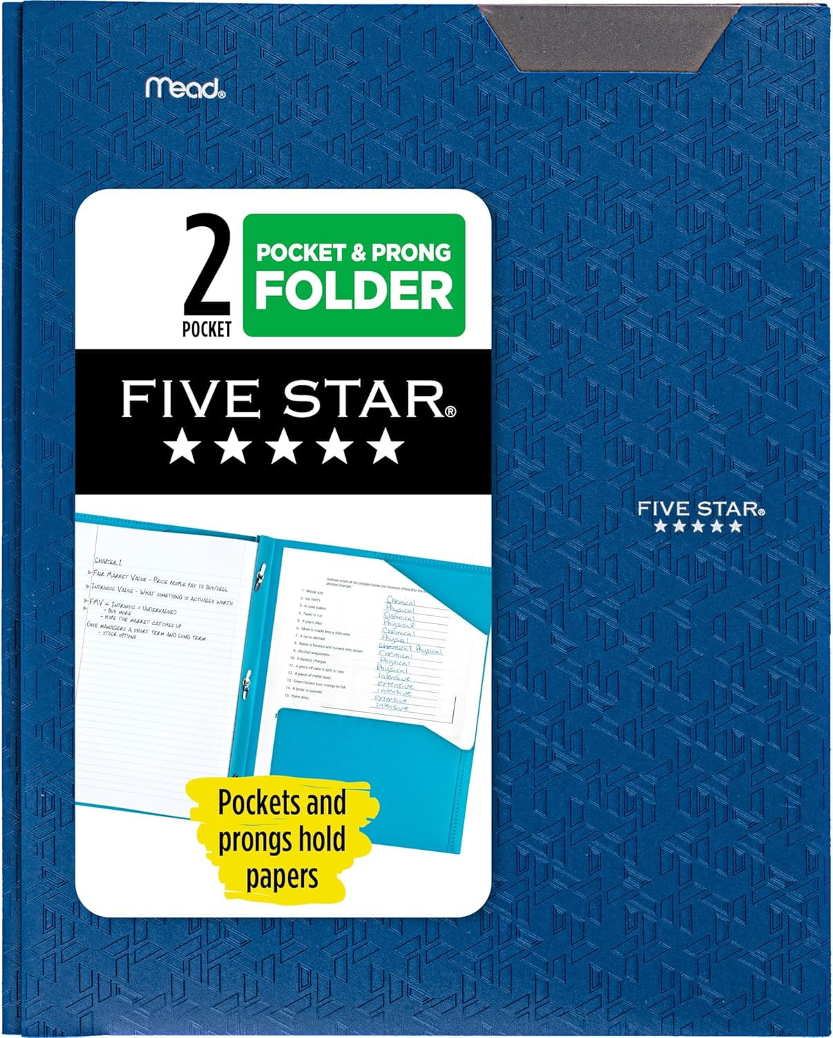 Five Star 2-Pocket Folder, Plastic Folder with Stay-Put Tabs and Prong Fasteners, Holds 8-1/2" x ...