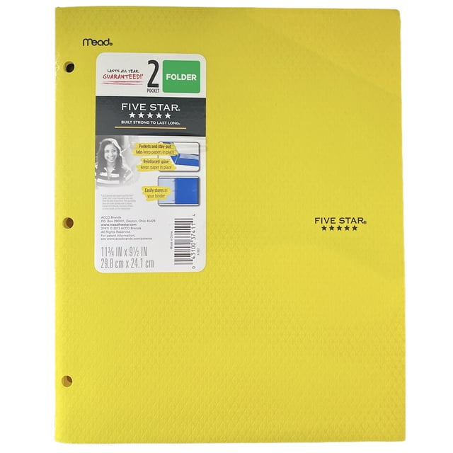 Five Star 2 Pocket Plastic Folder Stay-Put-Tab (Yellow) - Walmart.com