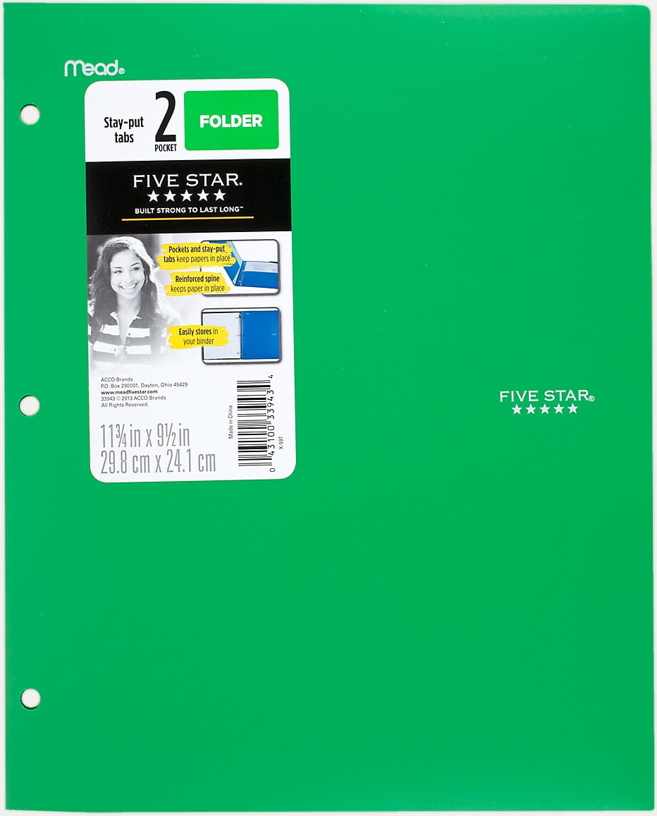 Five Star 2-Pocket Stay-put Tabs Folder with Three Hole Punched Green ...