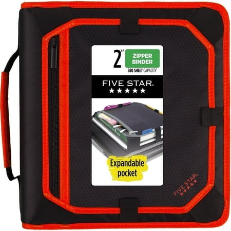 Five Star 2" Sewn Zipper Binder with Expansion Panel Black/Fire ...