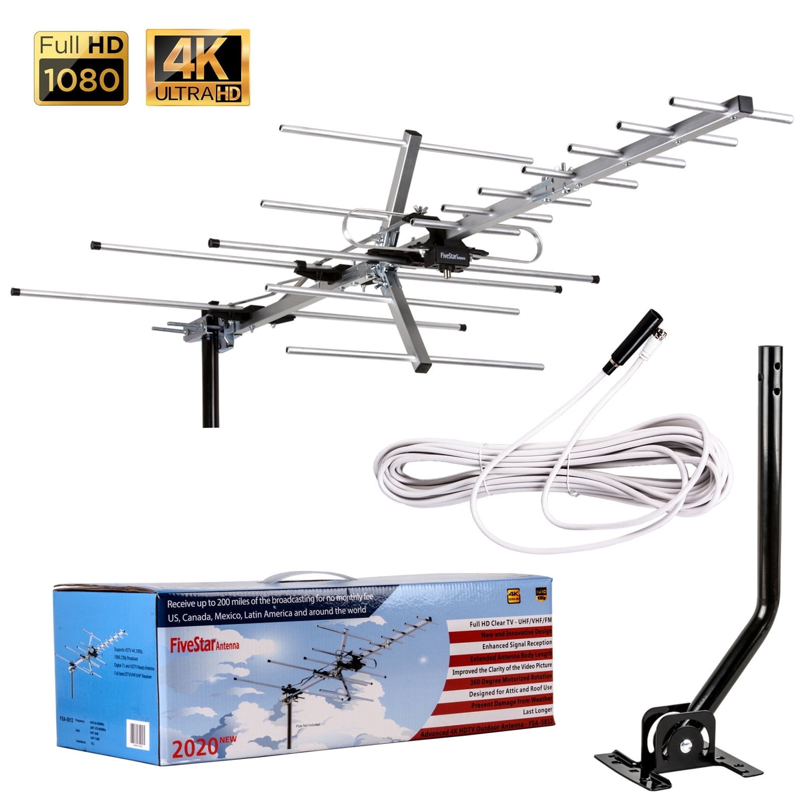FIVE STAR Outdoor HDTV Antenna, 200 Miles Range, Amplified Digital VHF ...