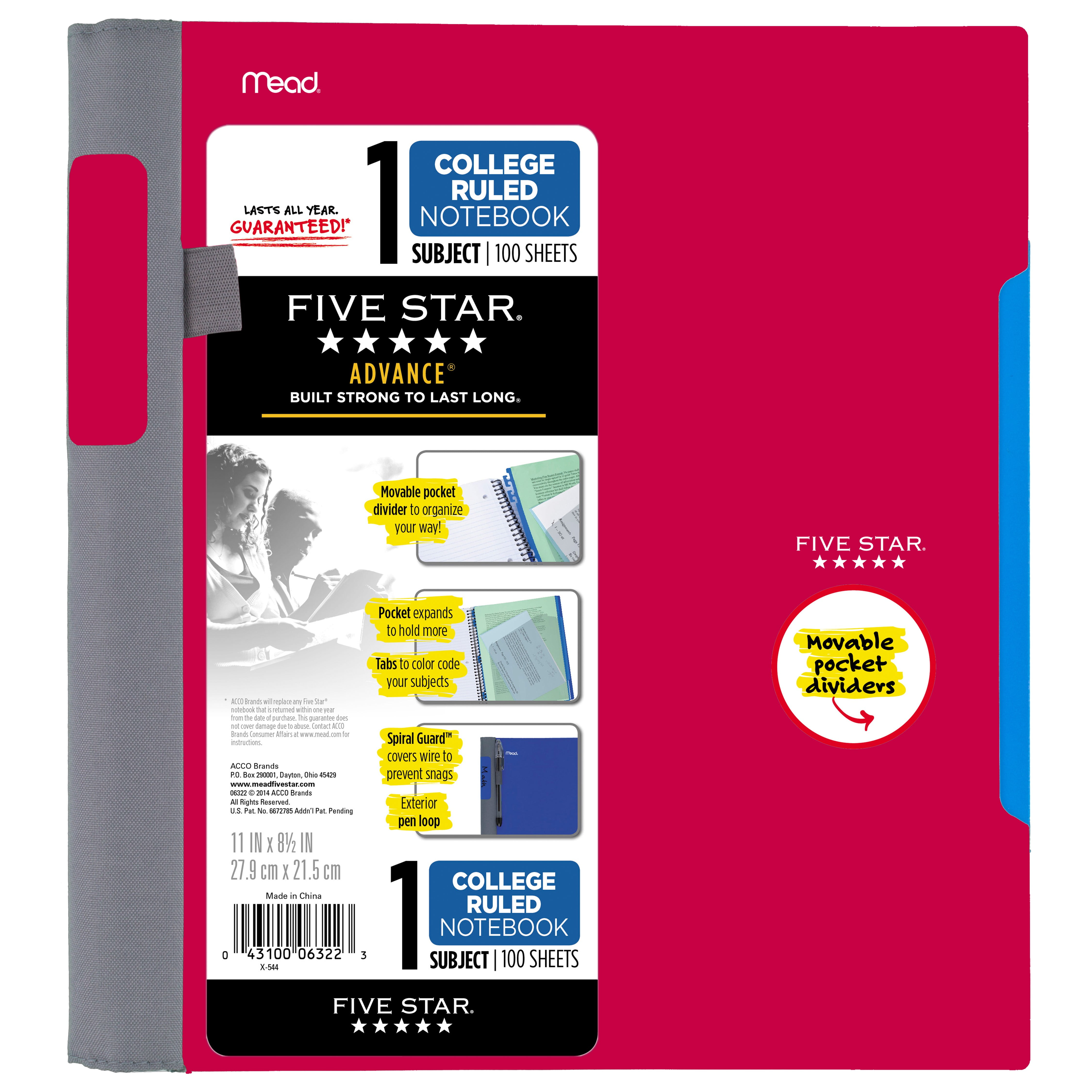 Five Star Advance Notebook - 1 Sub 100ct CR, Red - Walmart.com