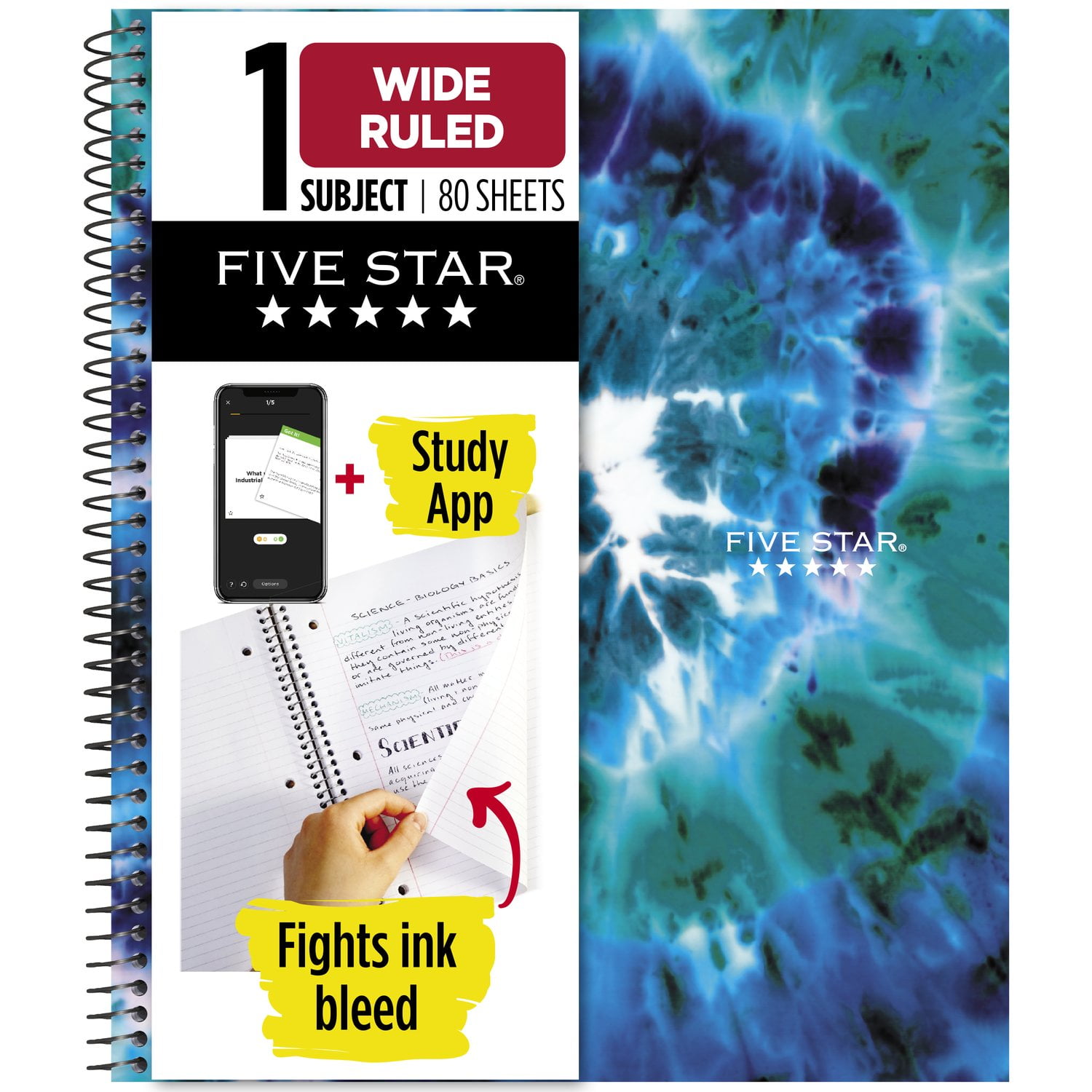 Five Star Blue Tie Dye Notebook Plus Study App, 1 Subject, Wide Ruled ...