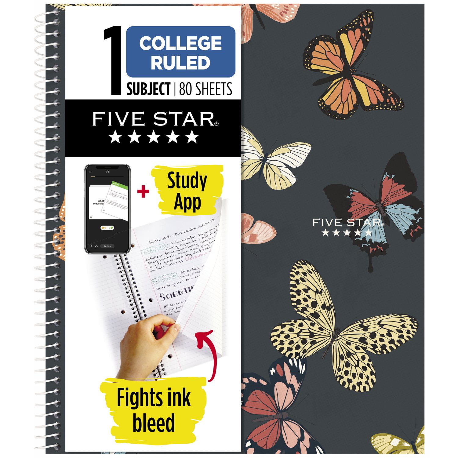 Five Star Butterflies Notebook Plus Study App, 1 Subject, College Ruled ...