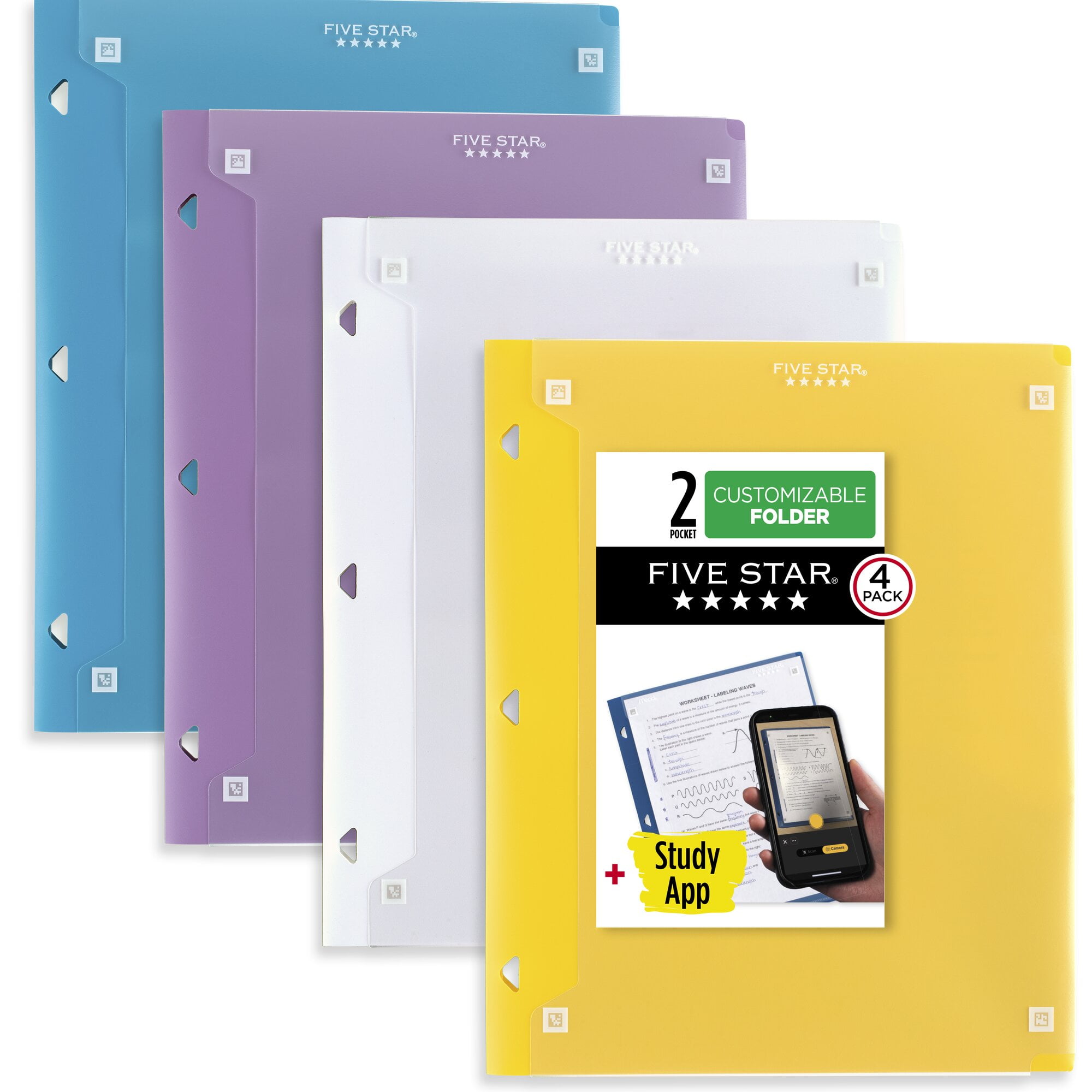Five Star Customizable 2-Pocket Plastic Folder Plus Study App 4 Pack ...