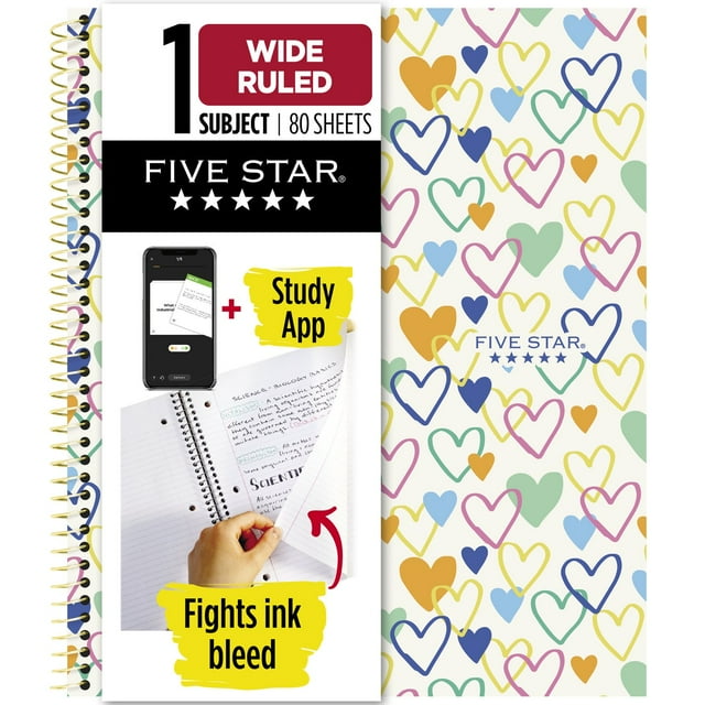 Five Star Hearts Notebook Plus Study App, 1 Subject, Wide Ruled, 8" x ...