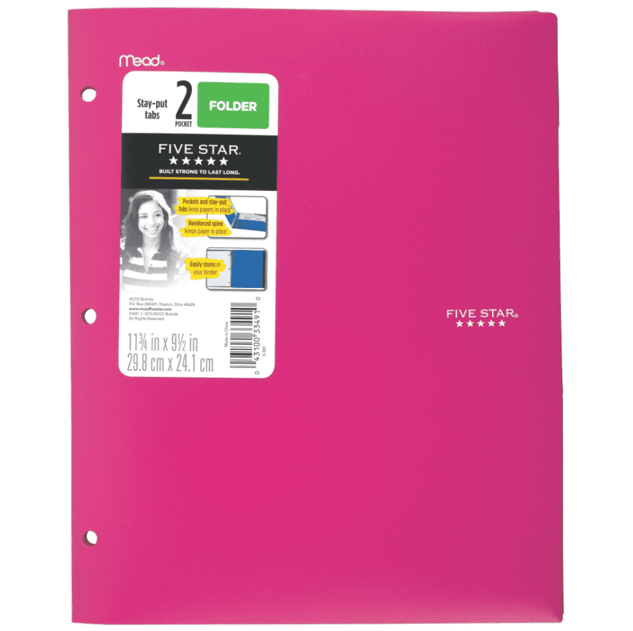 Five Star Plastic Folder 2-Pocket Stay-Put 11.75" x 9.5" Pink - Walmart.com