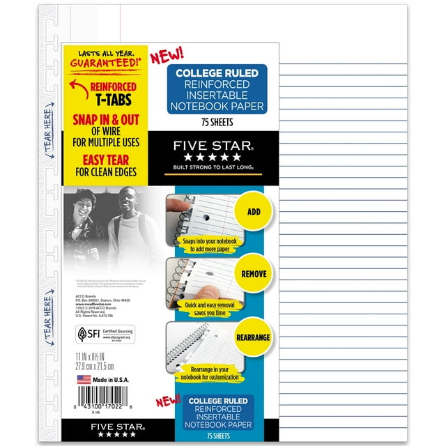 Five Star Reinforced Insertable Notebook Paper, College Ruled, 11 1/2 ...