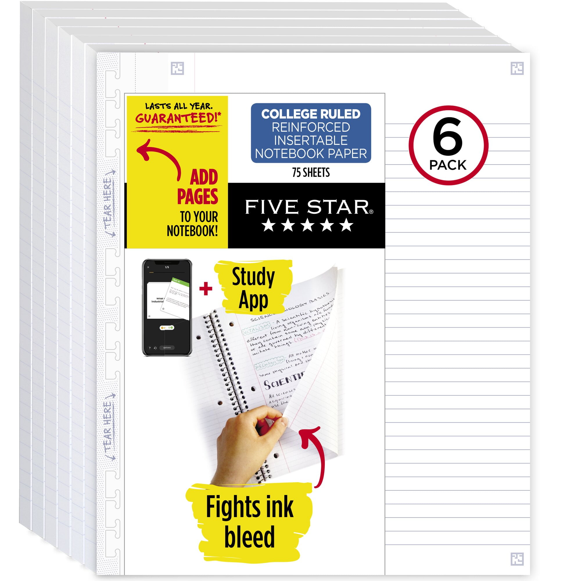 Five Star Reinforced Insertable Notebook Paper, College Ruled, 8.5" x ...