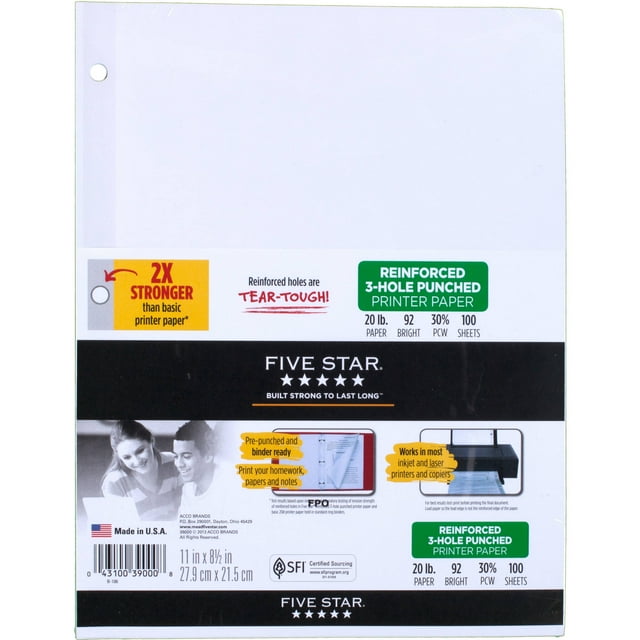 Five Star Reinforced Printer Paper, 3-Hole Punched, 100 Sheets, 8 1/2 ...