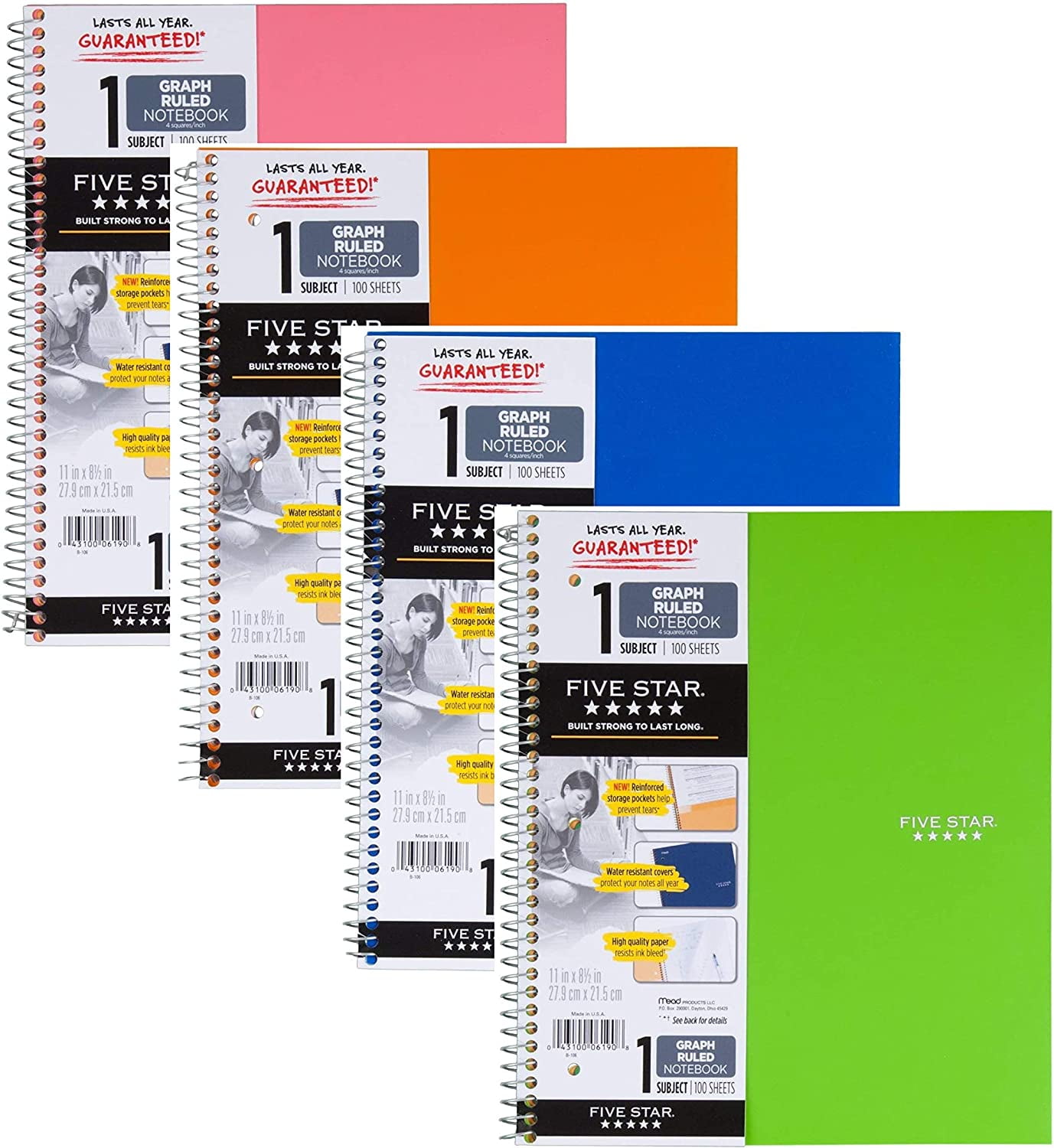 Five Star Spiral Notebook, 1 Subject, Graph Ruled Paper, 100 Sheets, 11 ...