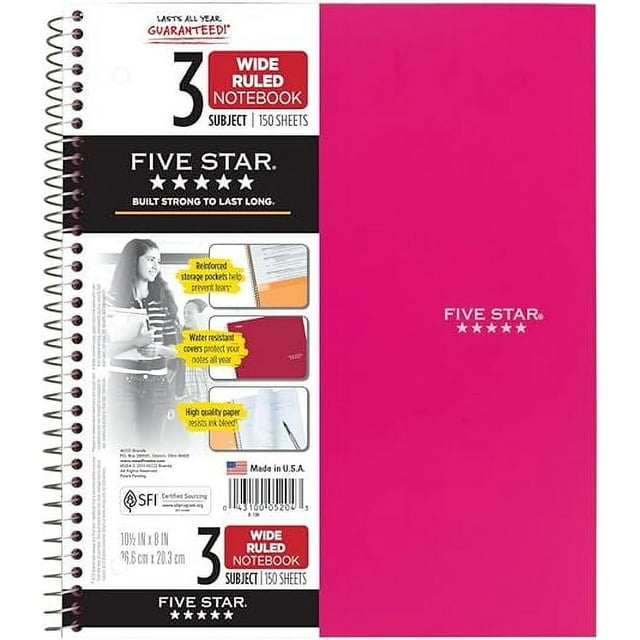 Five Star Spiral Notebook, 3 Subject, Wide Ruled Paper, 150 Sheets ...