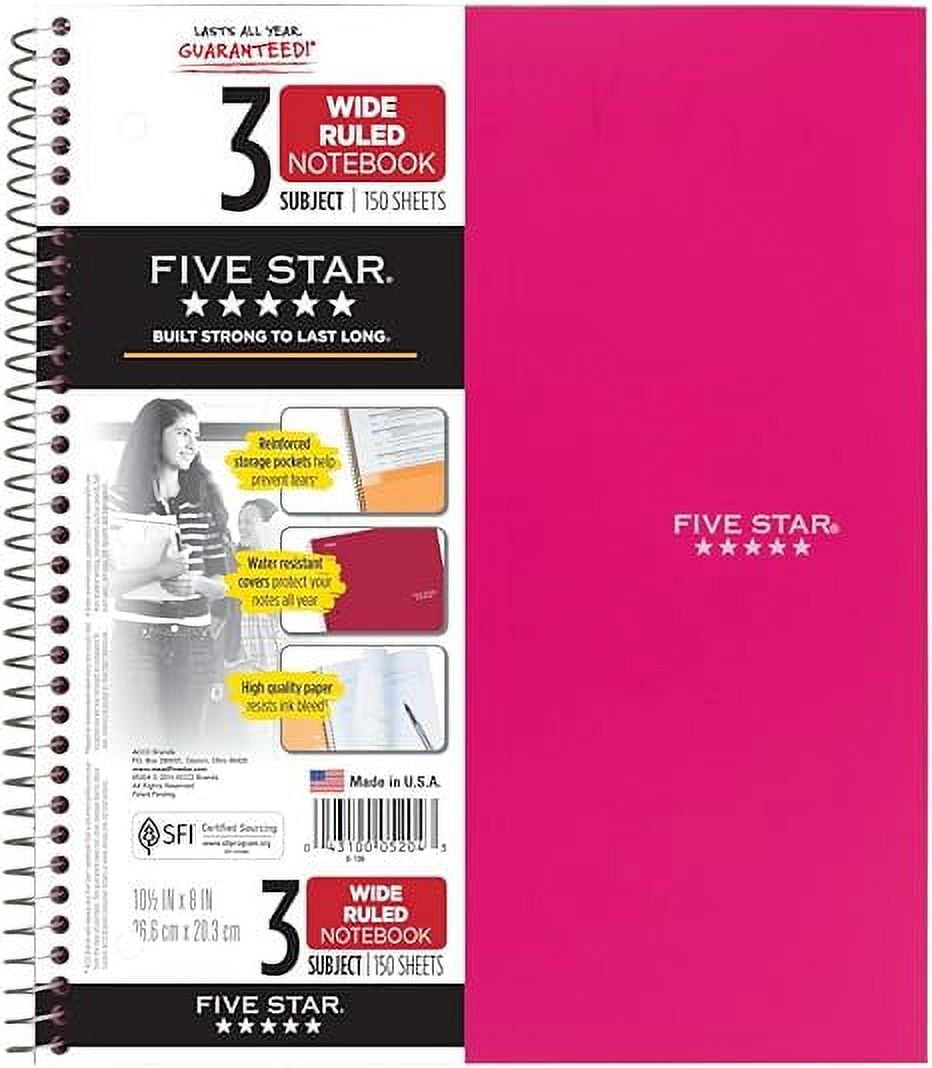 Five Star 3 Subject Wide Ruled Paper Spiral Notebook, Assorted Colors ...