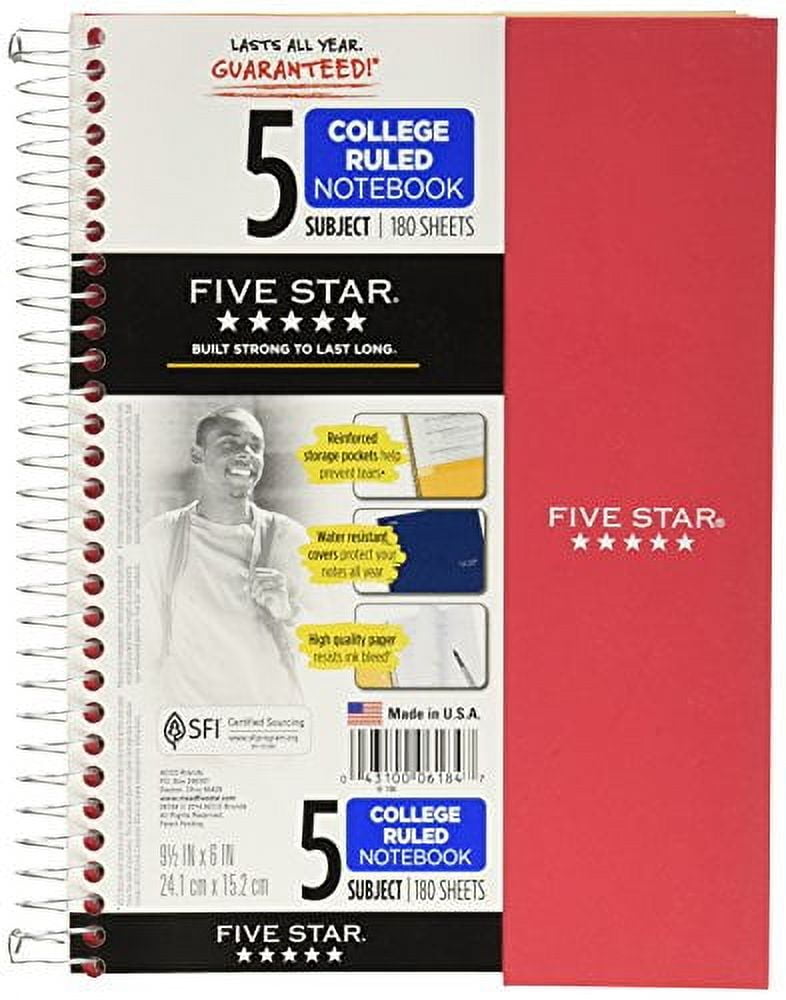 Five Star Spiral Notebook, 5 Subject, College Ruled Paper, 180 Sheets ...