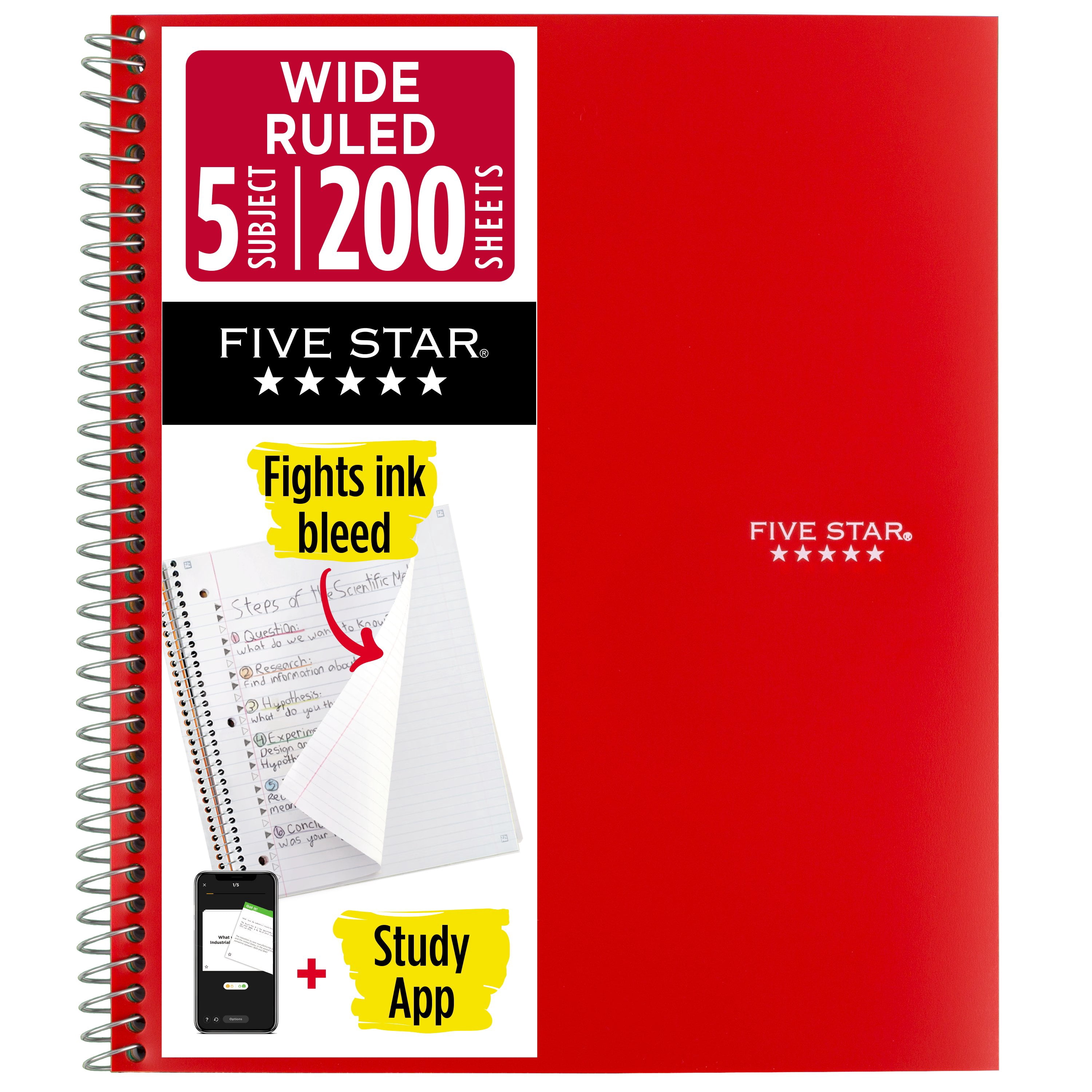 Five Star, Spiral Notebook, 5 Subject, Wide Ruled, 8" x 10.5" Fire Red ...