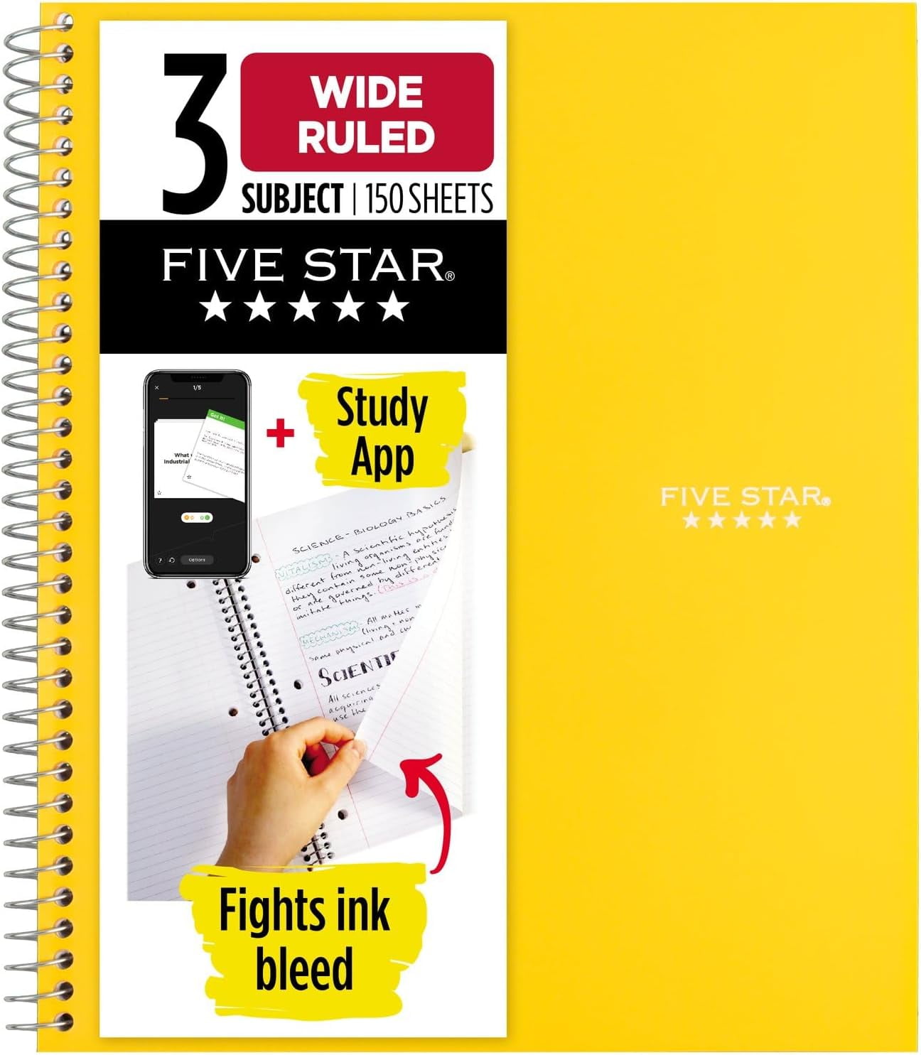 Five Star Spiral Notebook + Study App, 3 Subject, Wide Ruled Paper, 150 ...