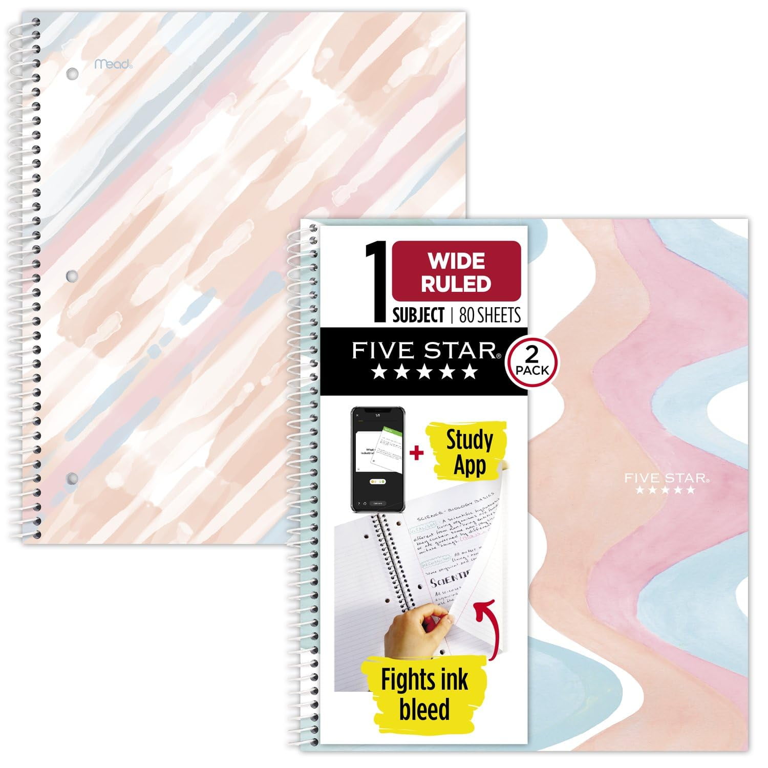 Five Star Spiral Notebooks + Study App, 2 Pack, 1 Subject, Wide Ruled ...