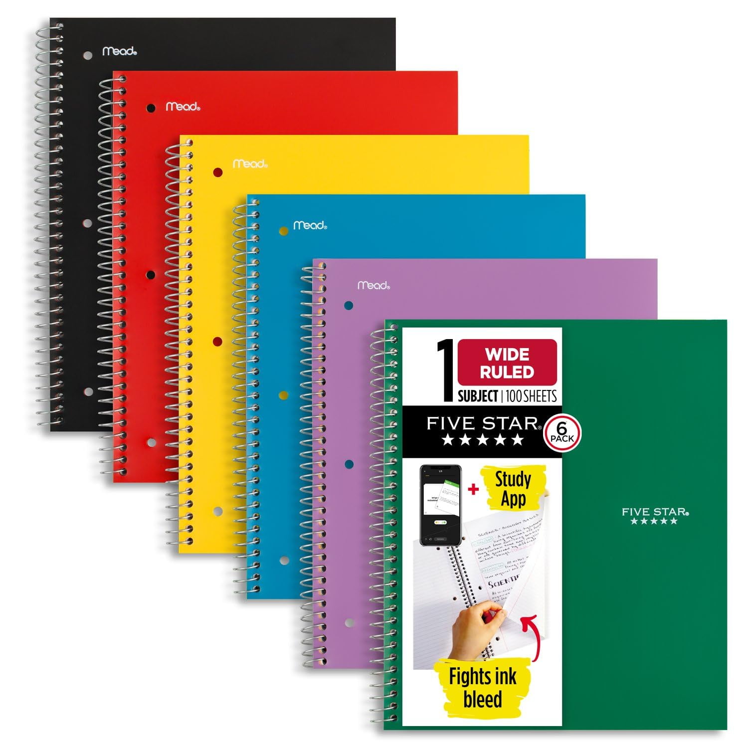 Five Star Spiral Notebook + Study App, 6 Pack, 1 Subject, Wide Ruled ...