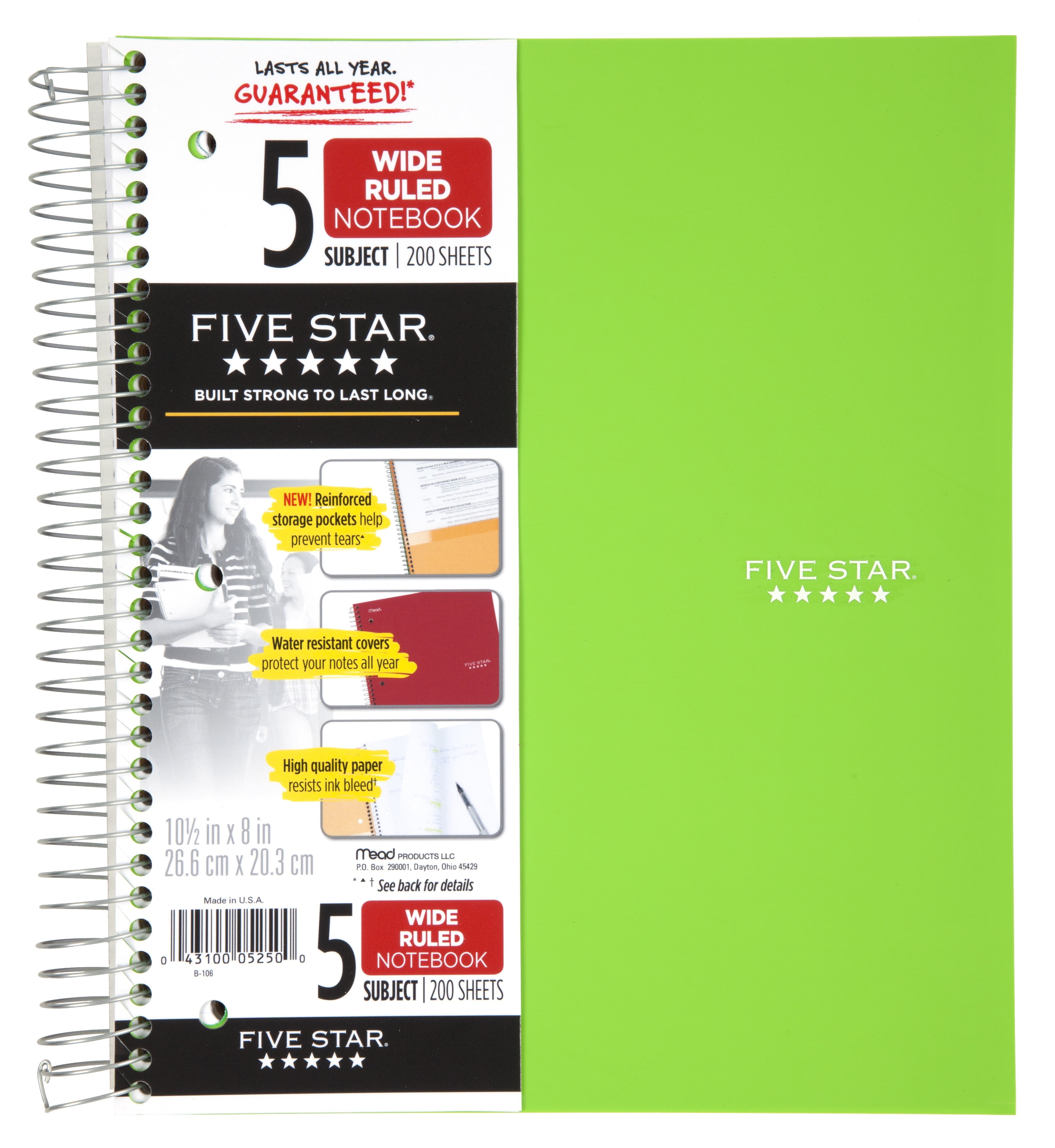 Five Star Trend Wirebound Notebook, 5 Subject, Wide Ruled, Lime (73204 ...