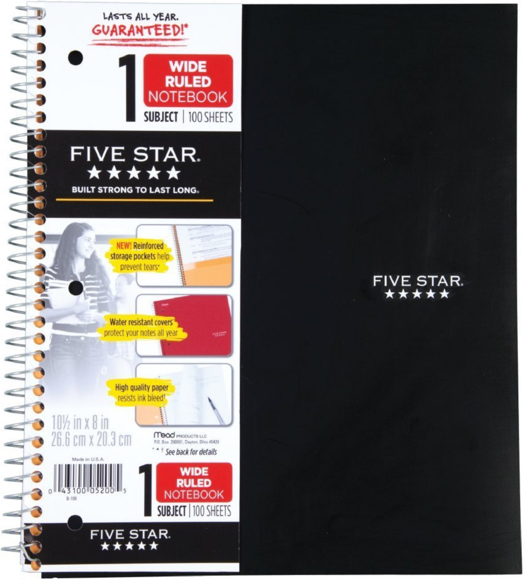 Five Star Wide Ruled 1 Subject Spiral Notebook, 100 Sheets, Color May ...
