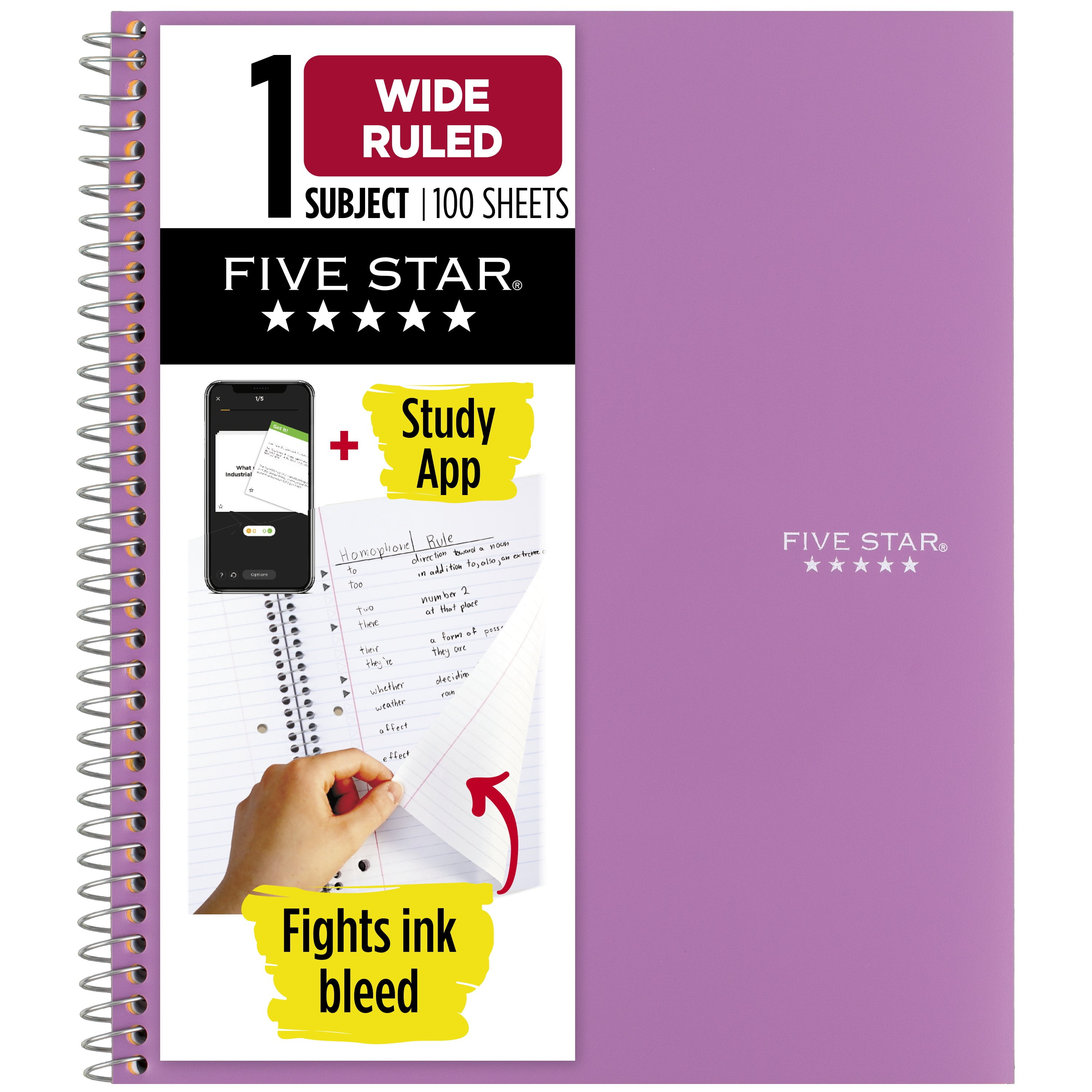 Five Star Wirebound Notebook, 1 Subject, Wide Ruled, Amethyst Purple ...