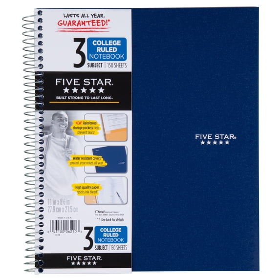 Five Star Wirebound Notebook - 3 Sub 150ct CR, Navy - Walmart.com