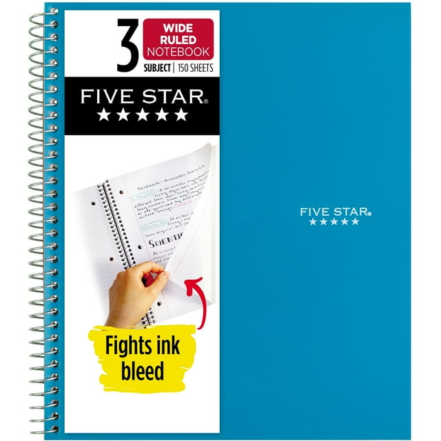 Five Star Spiral Notebook + Study App, 3 Subject, Wide Ruled, 8" x 10.5" - Walmart Business Supplies