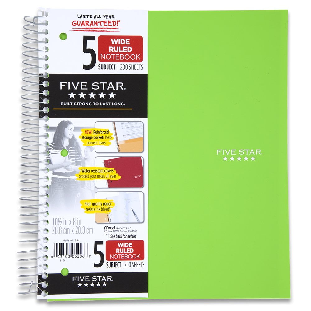 Five Star Wirebound Notebook, 5-Subject, 200-Count, Wide Rule, Navy ...