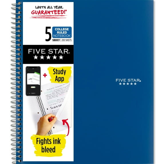 Five Star Spiral Notebook Study App 5 Subject College Ruled 8.5 x 11 ...