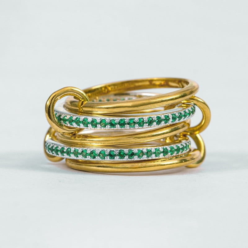 Five Yellow Plated and Emerald Full Eternity Band Ring, Twice Emerald ...