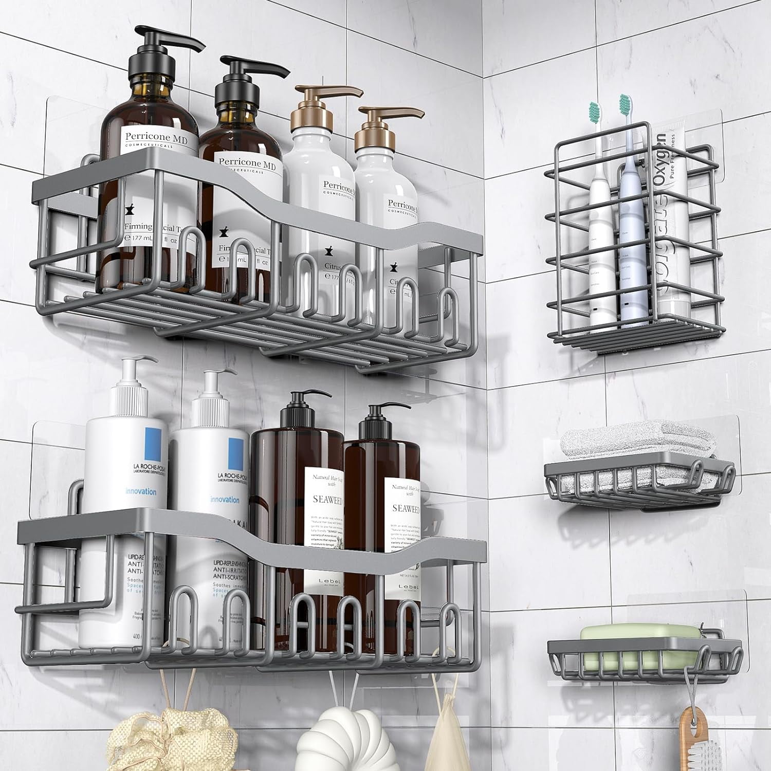 Five anti-rust stainless steel bathroom storage racks with large ...