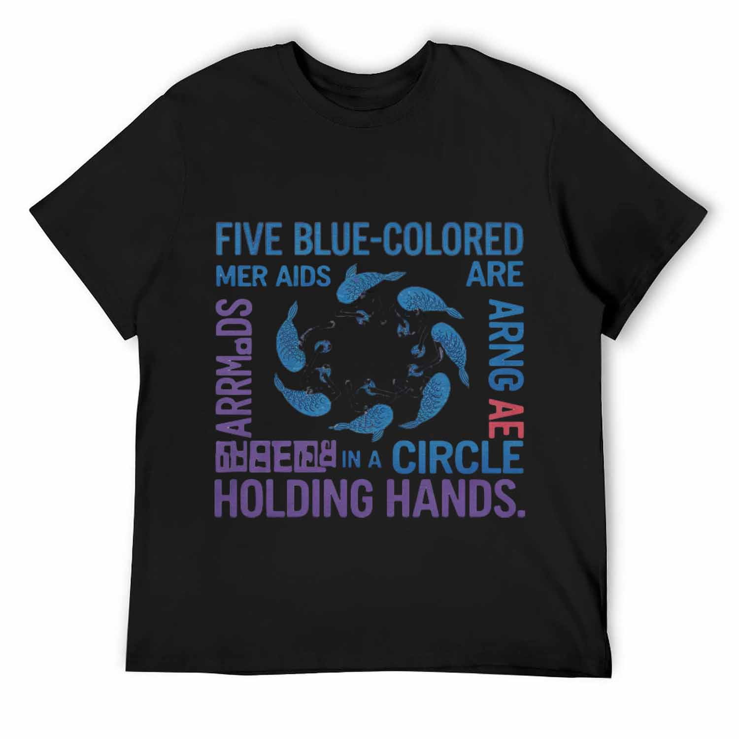 Five blue-colored mermaids are arranged in a circle holding hands ...