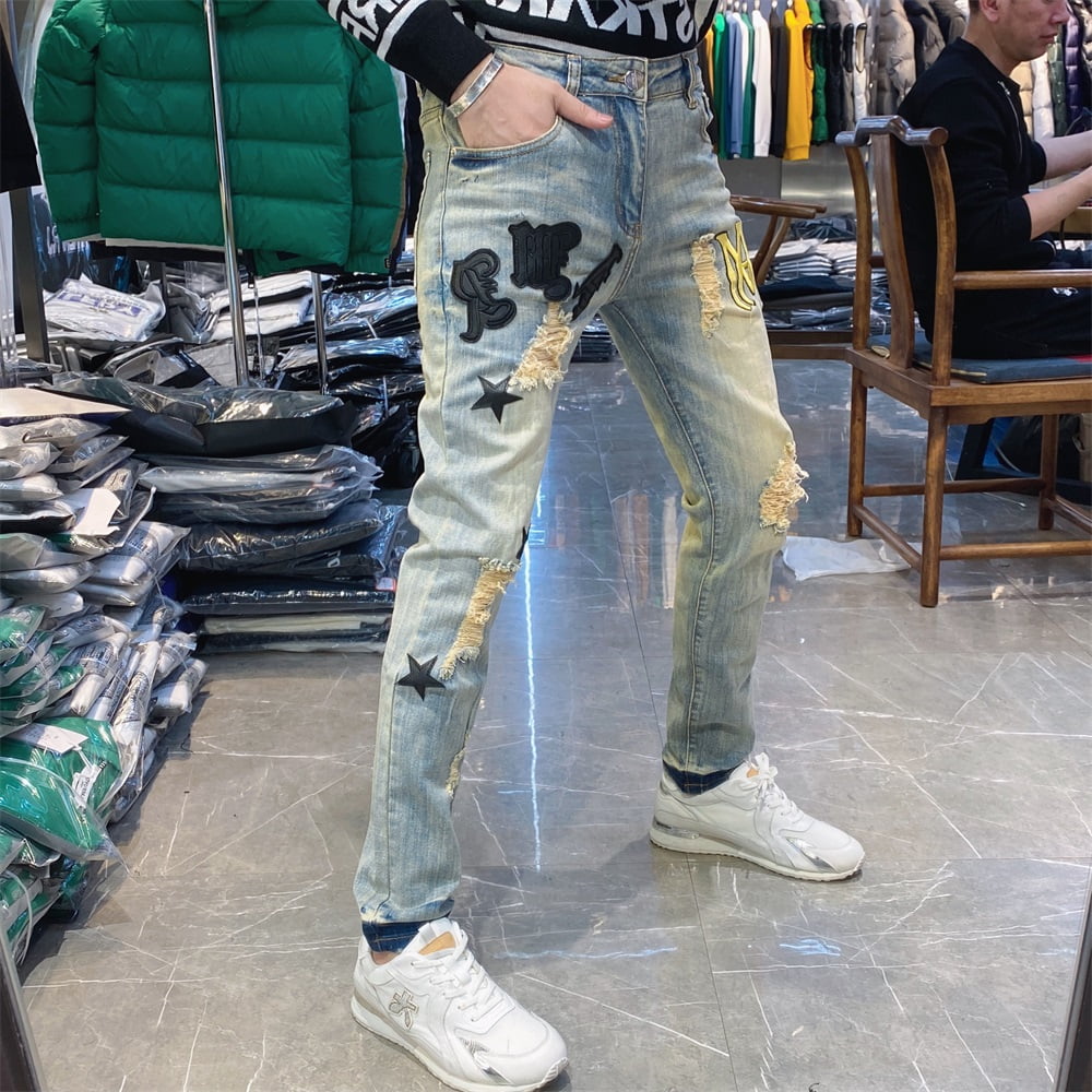 Five-pointed Star Embroidered Word Art Jeans Men's Ripped Casual Slim ...