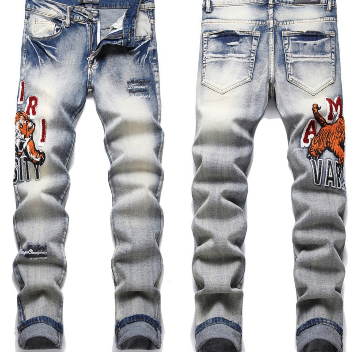 Five-pointed Star Embroidered Word Art Jeans Men's Ripped Casual Slim ...