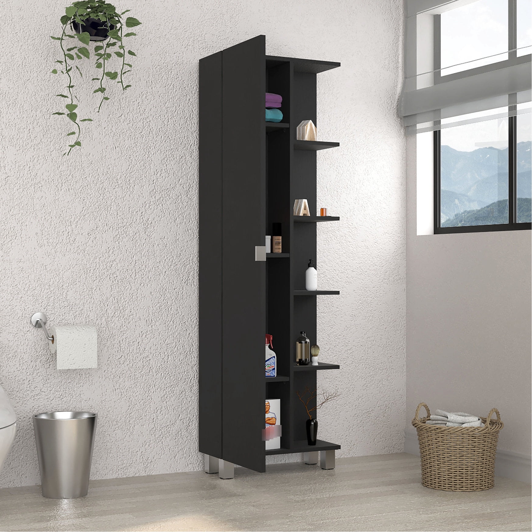 Five - shelf black corner cabinet single door made of particle board ...