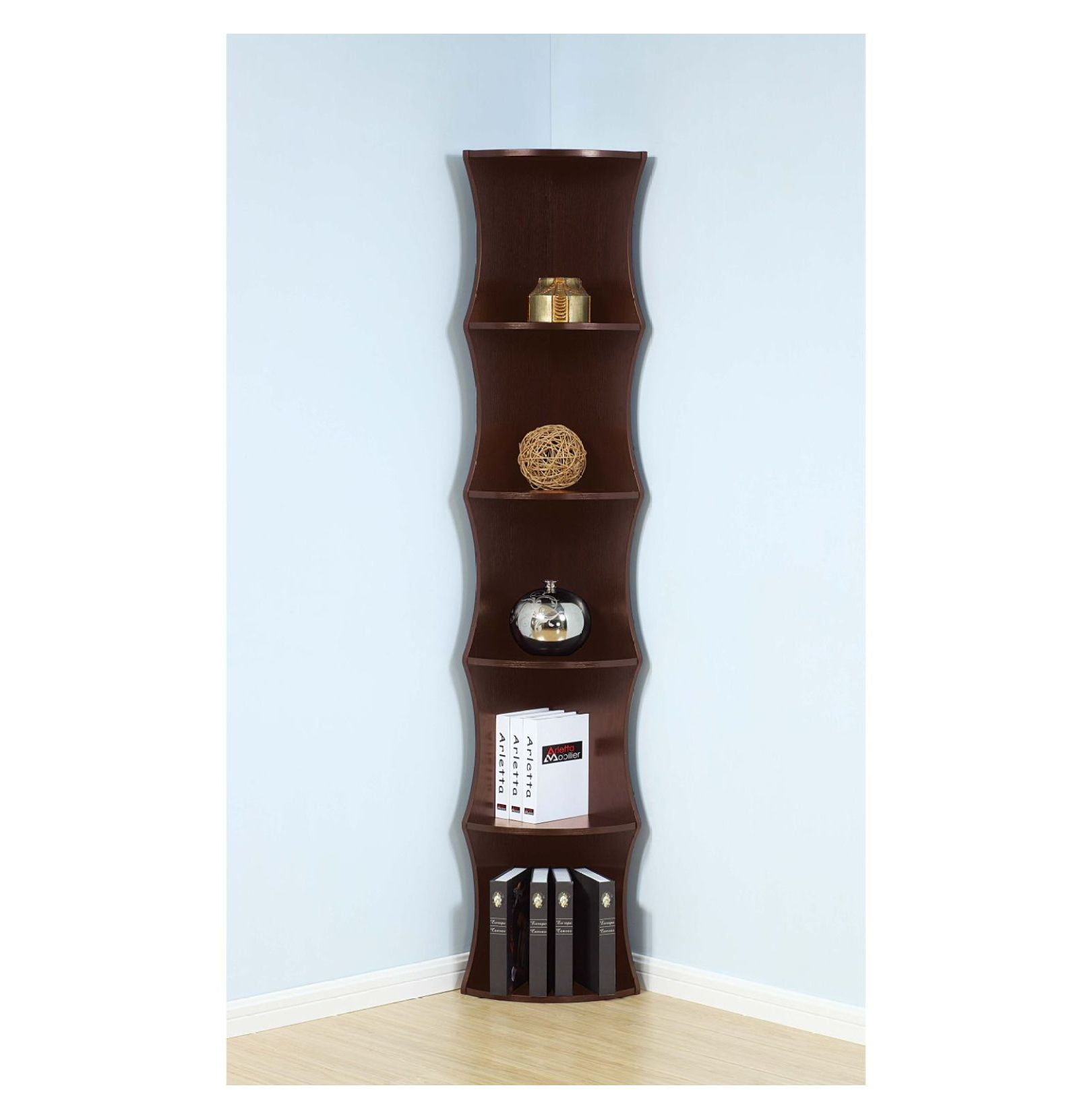 Five shelf corner bookcase rounded shelf fronts quarter circle red ...