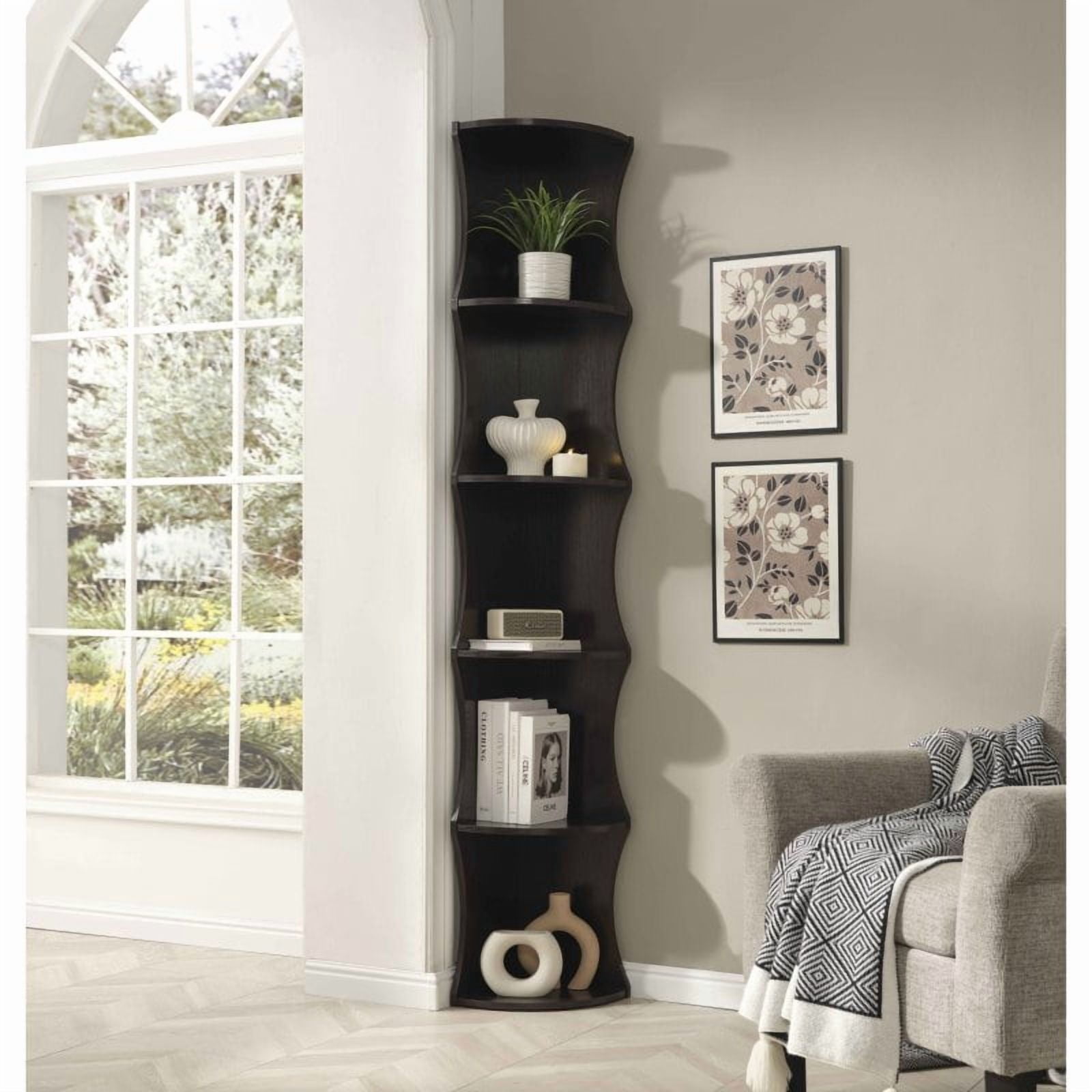 Five shelf corner bookcase rounded shelf fronts quarter circle red ...