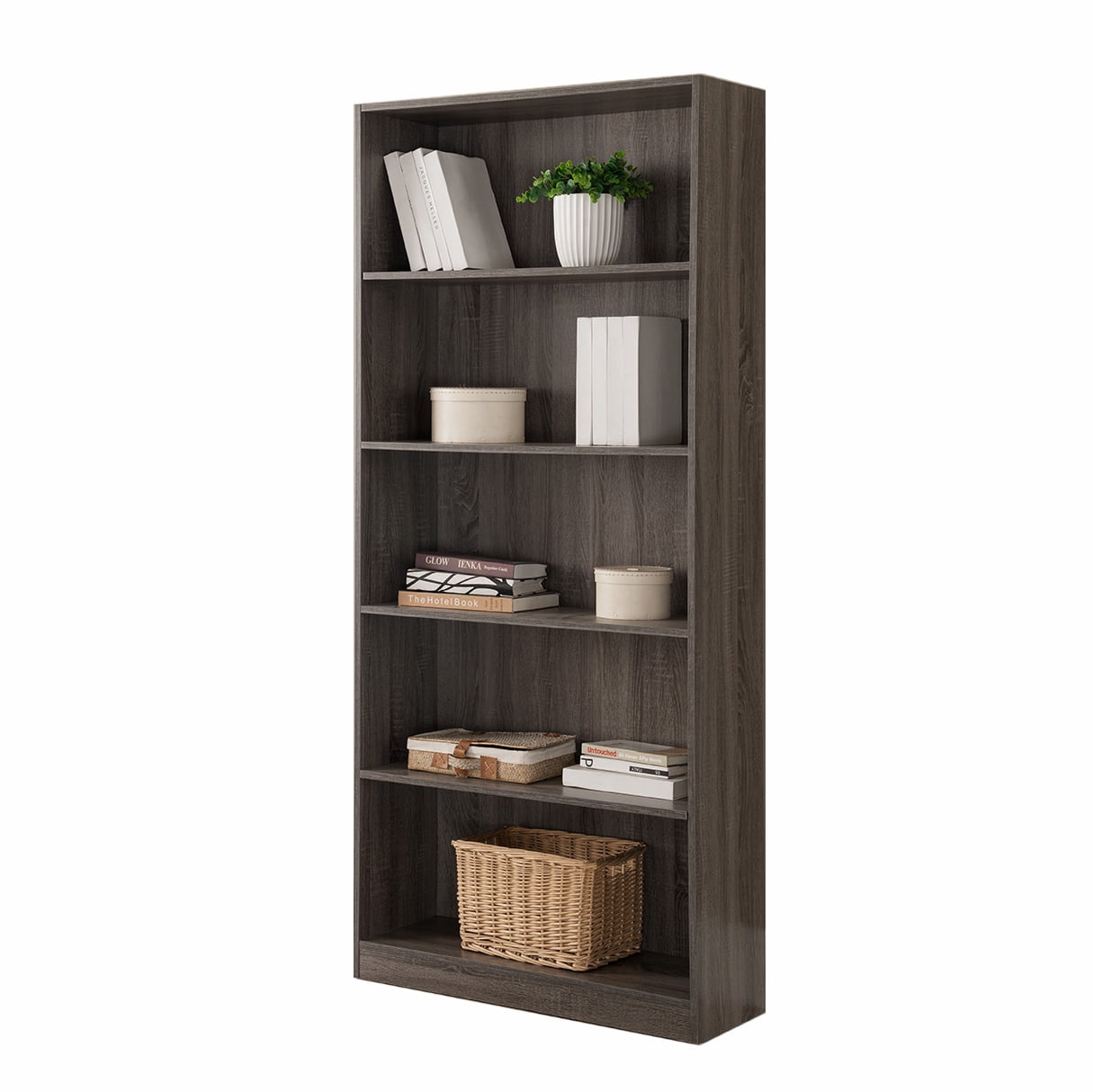 Five shelf wooden bookcase display cabinet with bottom front molding ...