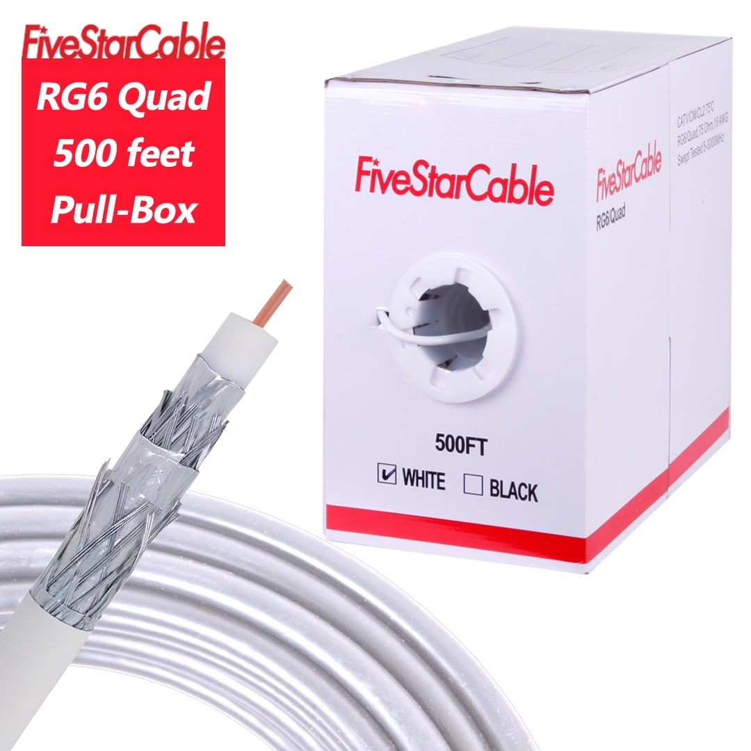 [FiveStarCable-HY] RG6 Coaxial Cable 500ft – White, Quad Shield, 18 AWG ...