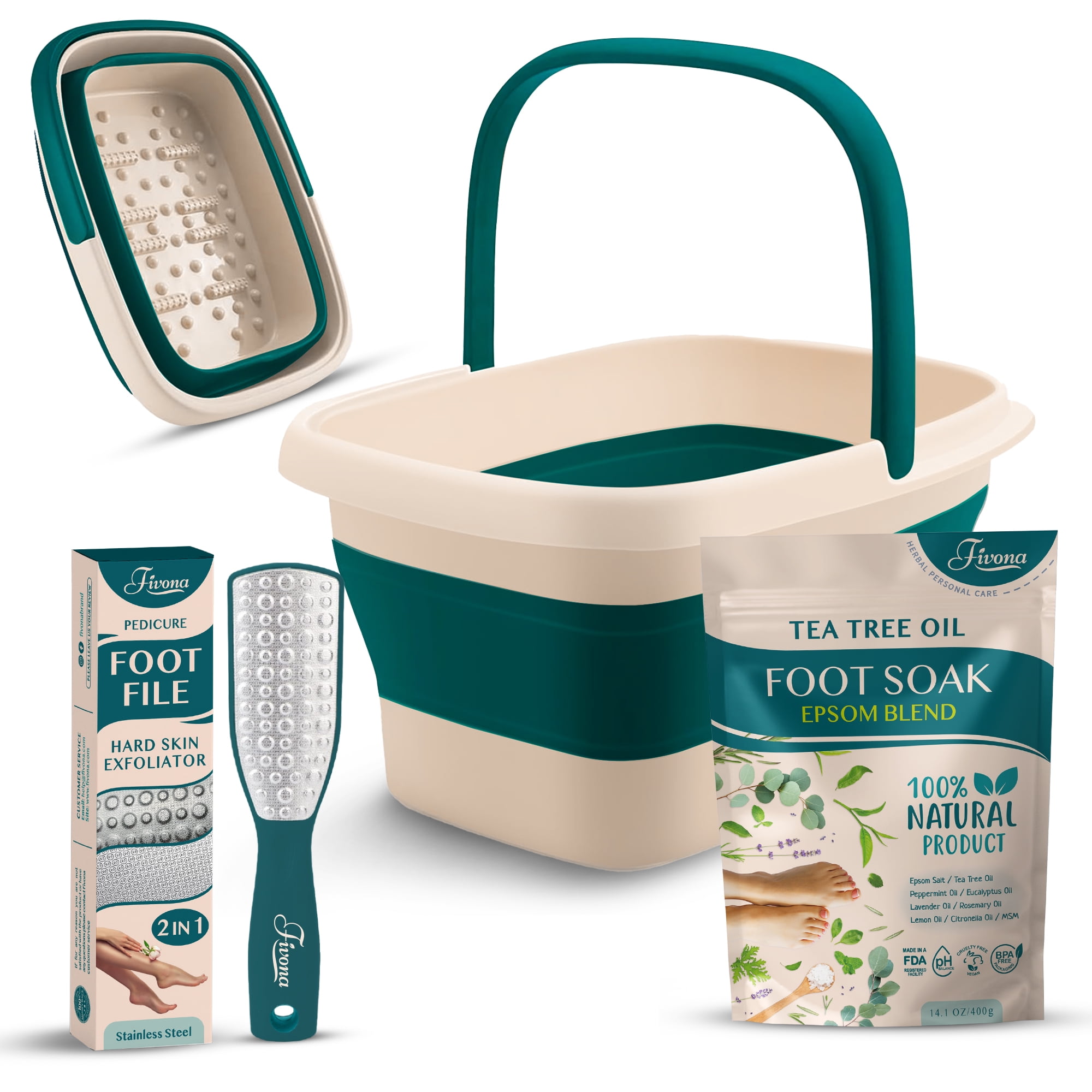 Fivona Foot Care Kit 3 in 1 - Foot Soak Blend with Epsom Salt, Tea Tree ...