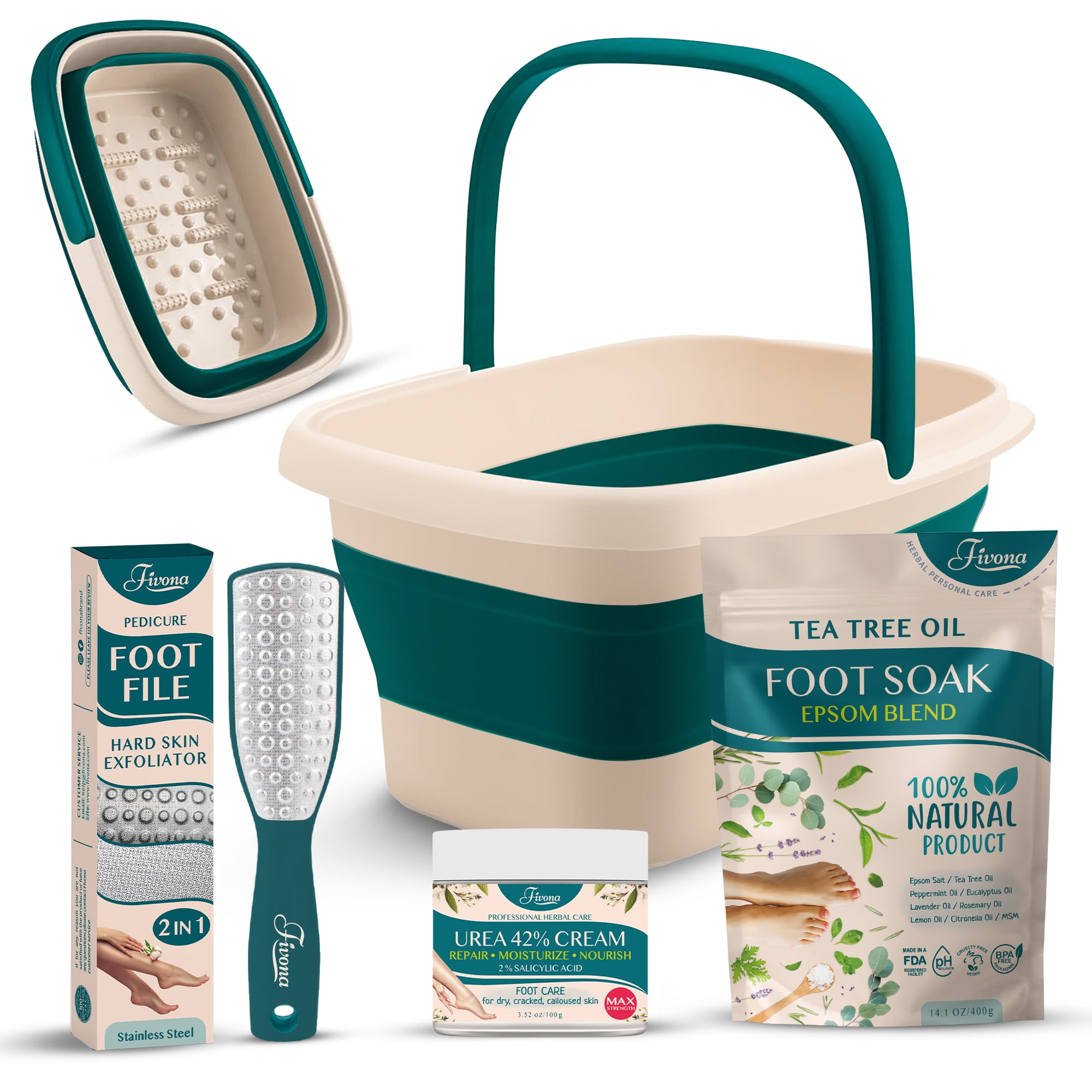 Fivona Foot Care Kit 4 in 1 - Foot Soak Blend with Epsom Salt, Tea Tree ...