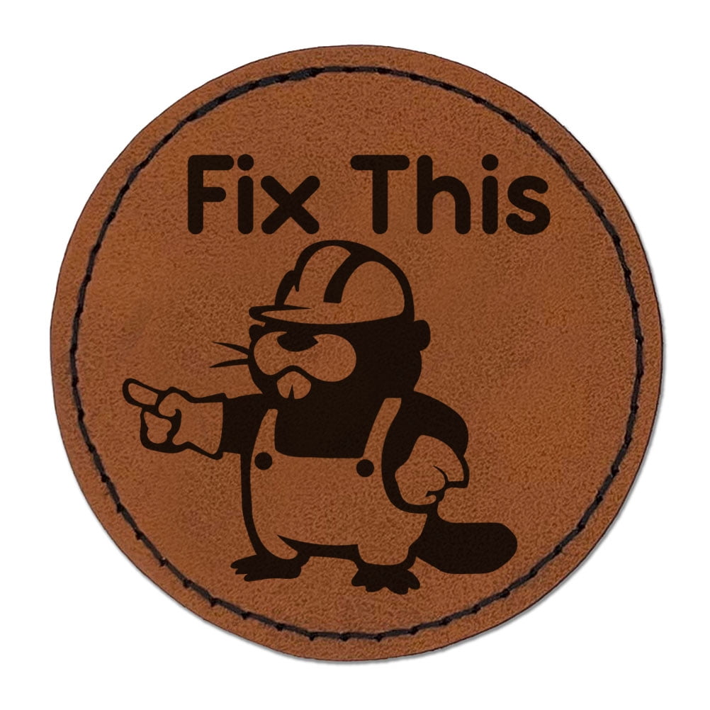 Fix This Construction Beaver Funny Cute Round Iron-On Engraved Faux ...