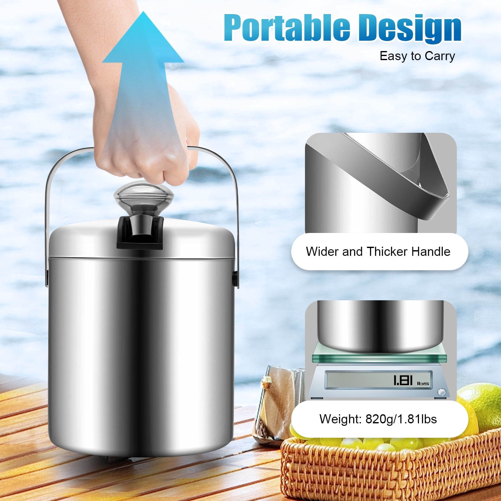 Fixartoo 1.3L Double Wall Stainless Steel Ice Bucket，Portable Ice ...