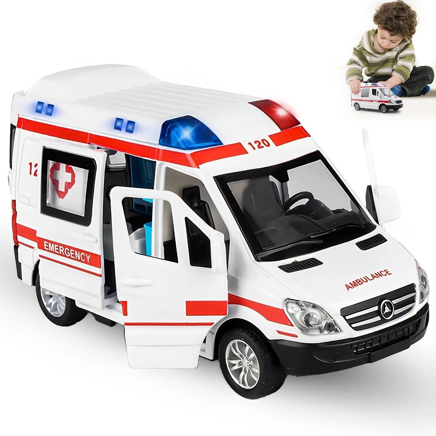 "Fixdono Ambulance Toy Car, Friction Powered Mini Vehicle, Lights and ...