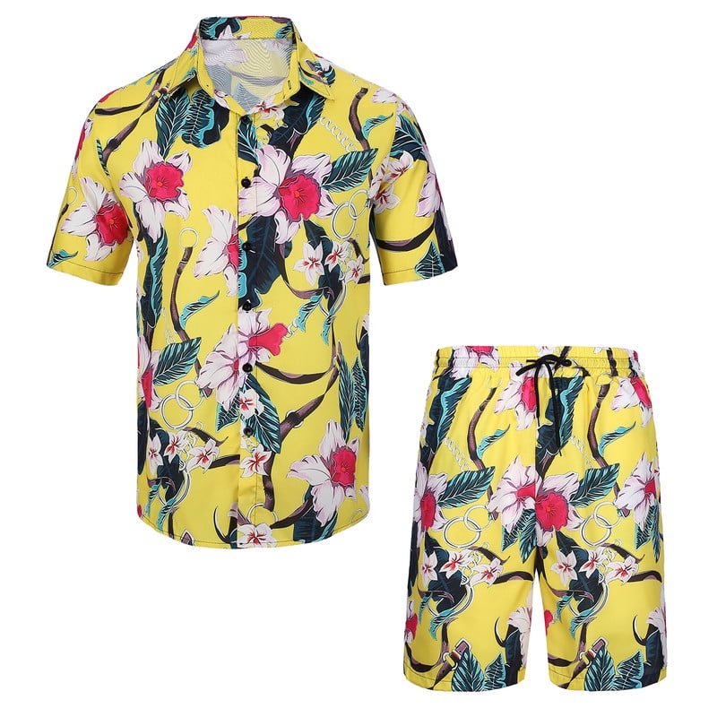 Fixha Men's Hawaiian Matching Set Tropical Summer Beach Button Down ...