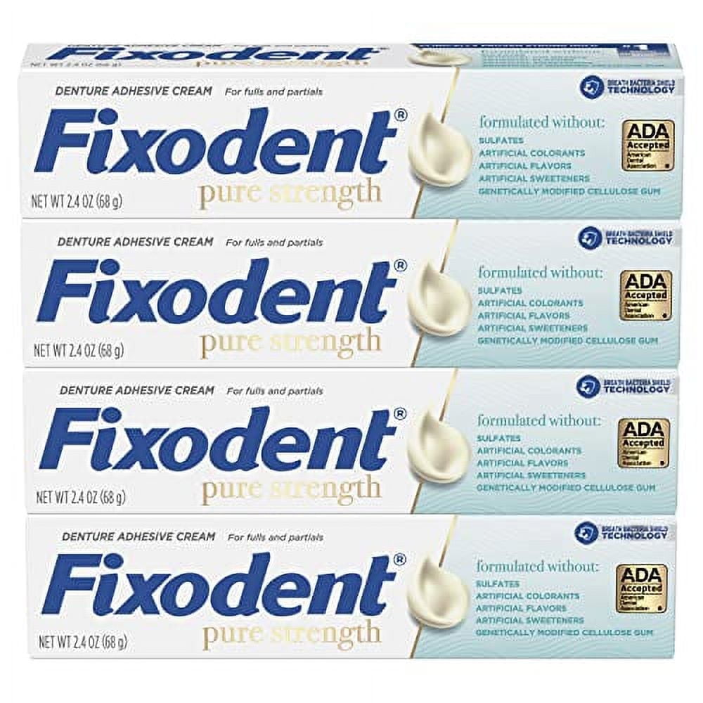 Fixodent Denture Adhesive Pure Strength Cream 2.4oz Pack of 4 Strong ...