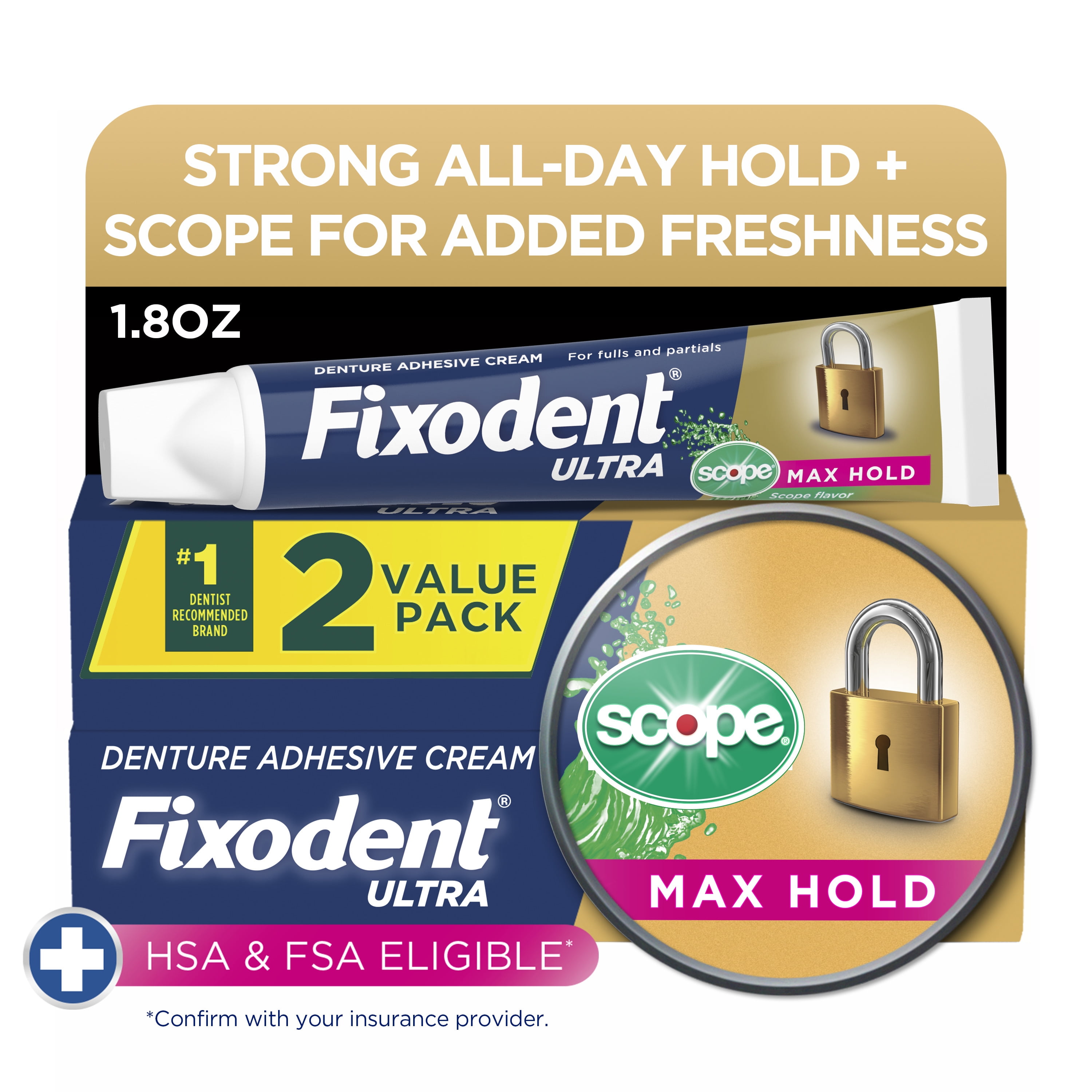 Fixodent Denture Adhesive Cream 1.8oz Twin Pack Ultra Max Hold Plus Scope with Precision Tip ...