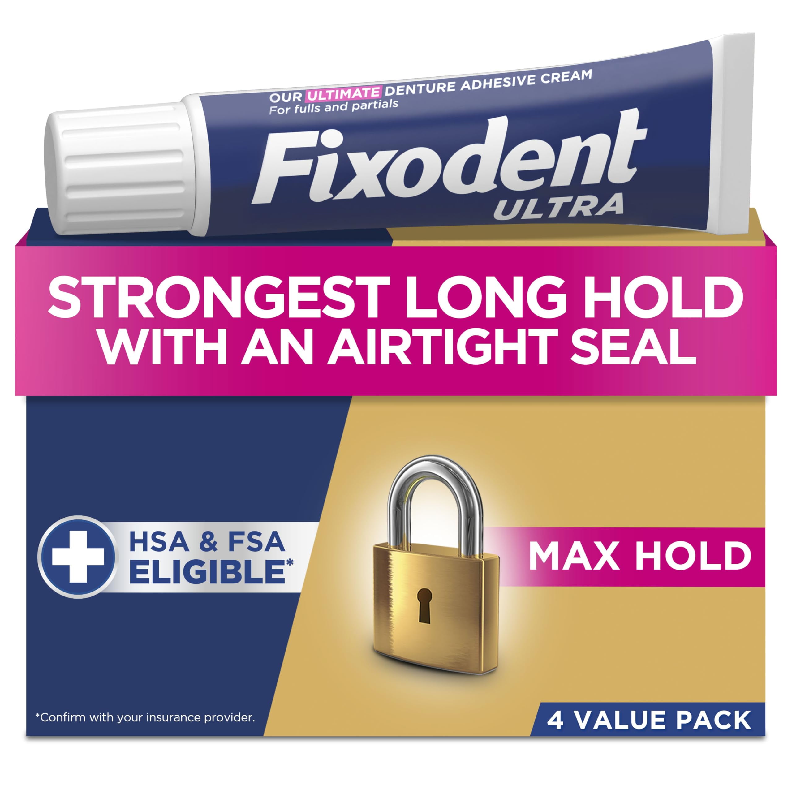 Fixodent Ultra Max Hold TSF6 Secure Denture Adhesive Cream for Full and ...