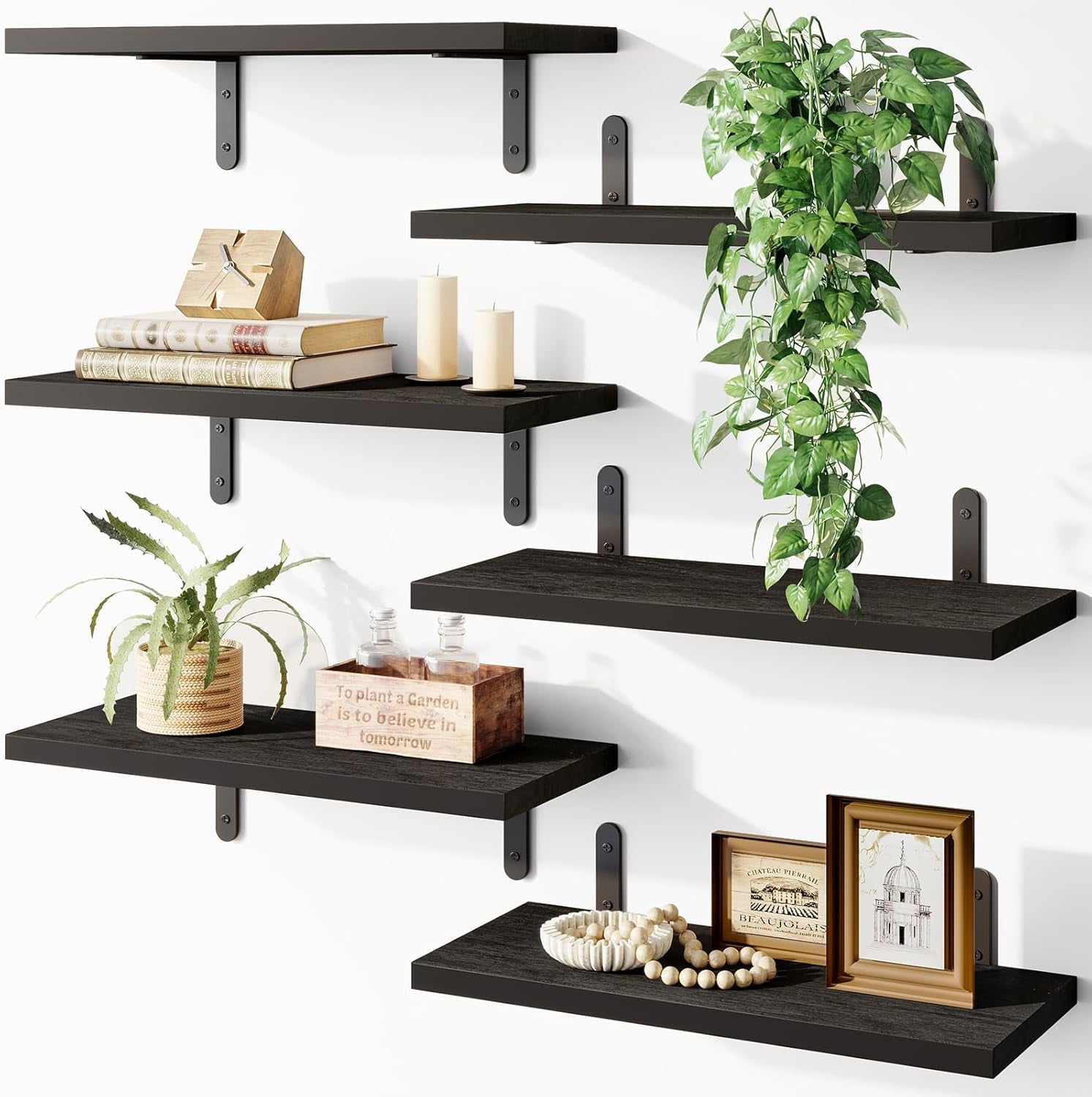 Black Wall Floating Shelves for Bedroom, Shelves for Room Wall Set of 6 ...