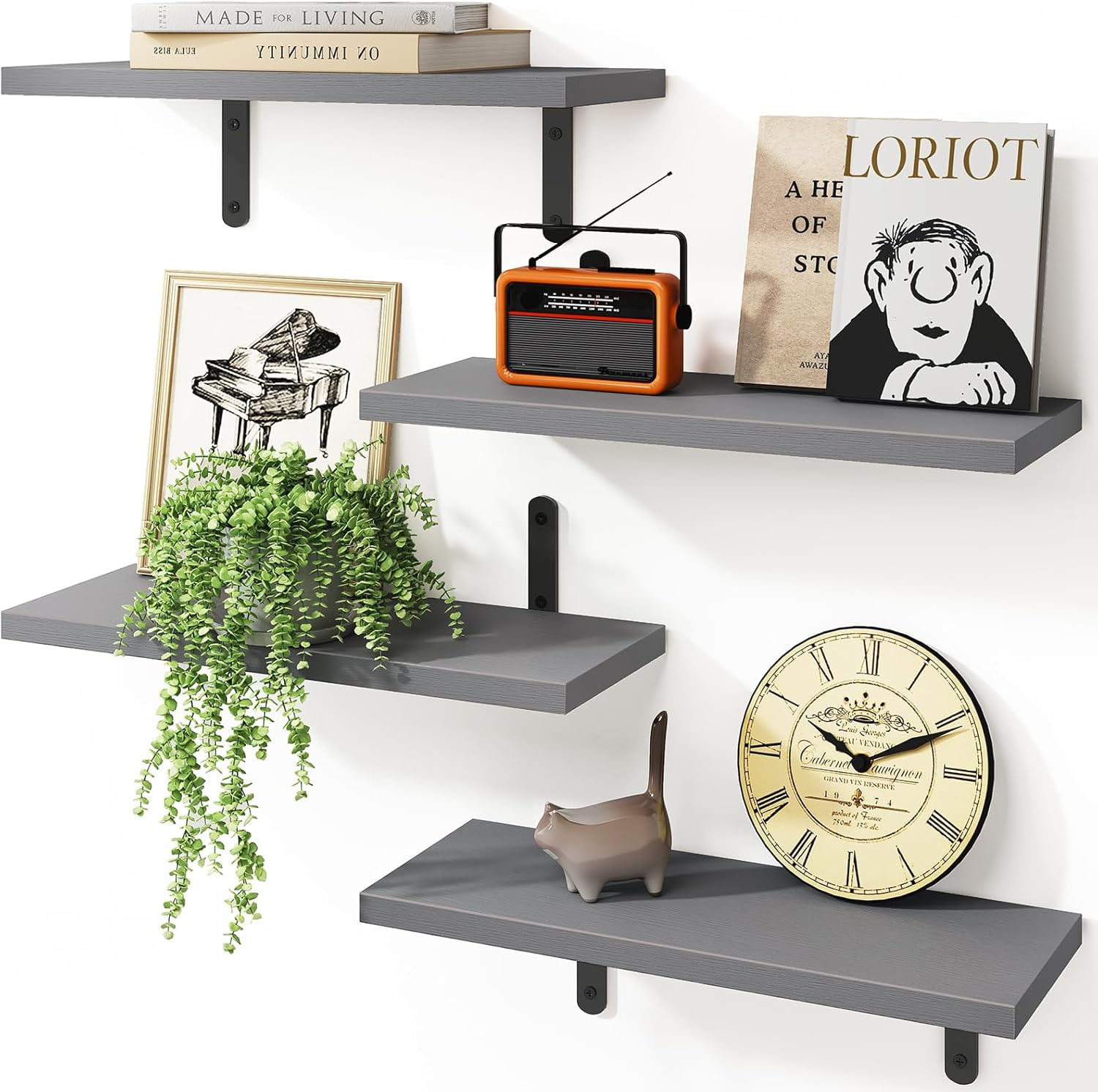 Grey Floating Shelves for Wall, 4 Sets Wood Shelves Farmhouse Wall ...